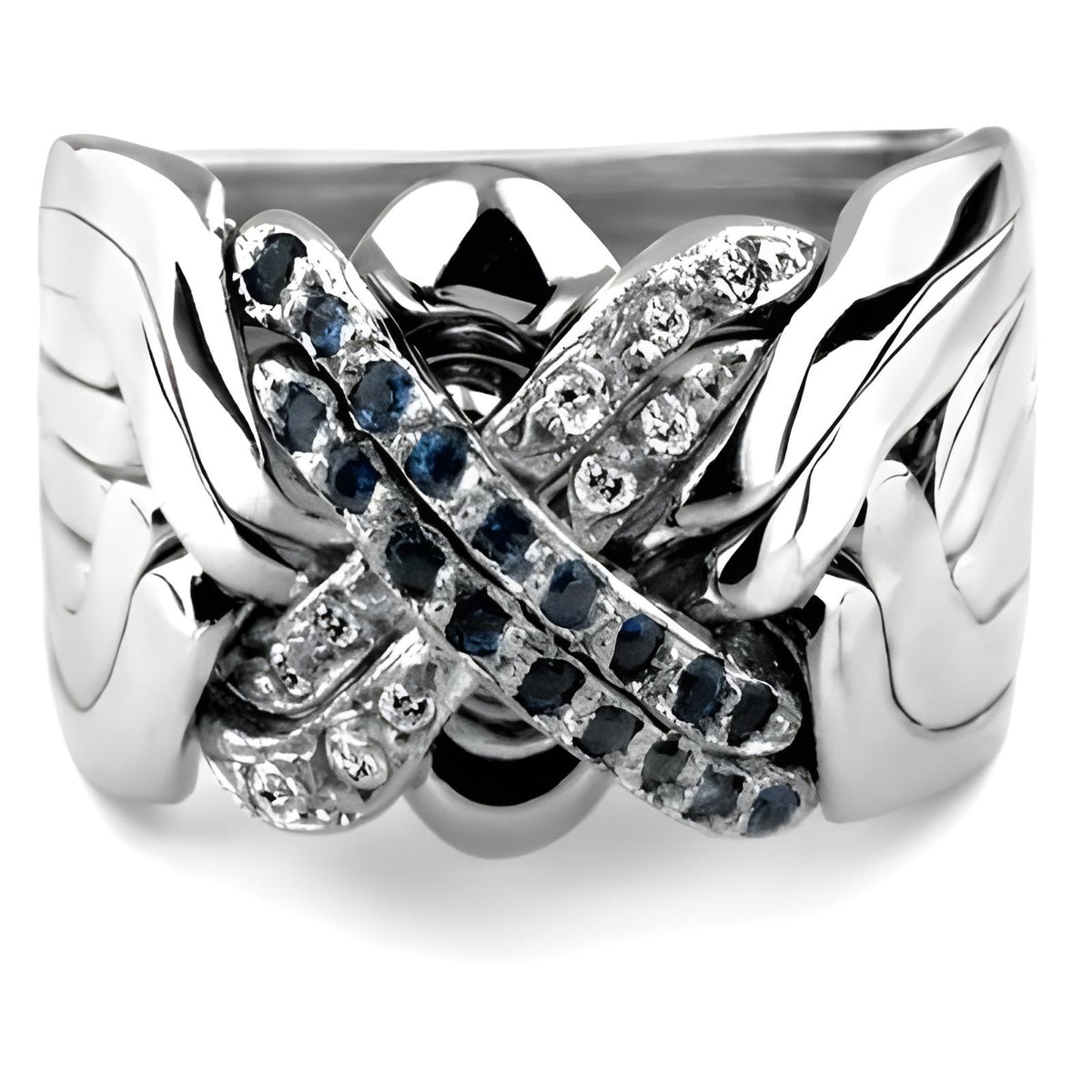 14K 8 Band Diamond & Sapphire Puzzle Ring – Heavy Gold Statement Ring ...