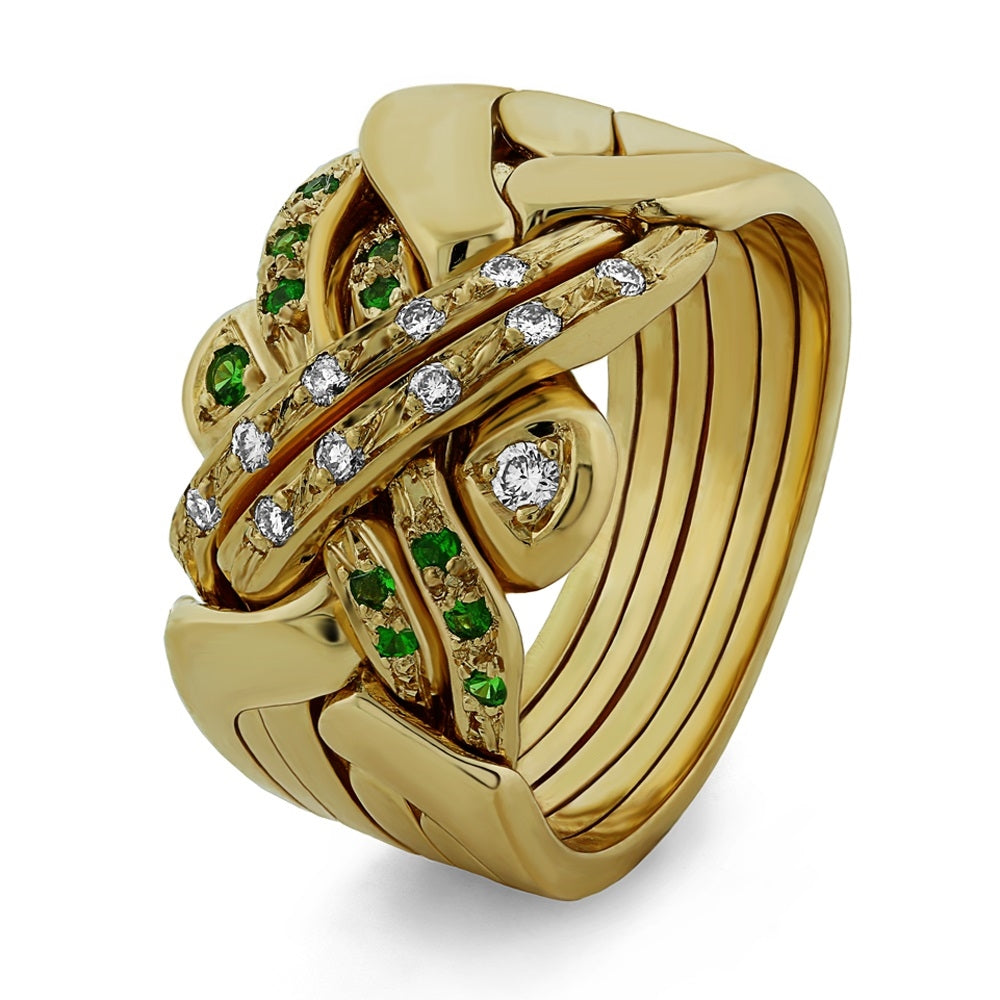 14K Gold 6 Band Diamond & Green Garnet Puzzle Ring – 6BSENAGR – Puzzle ...